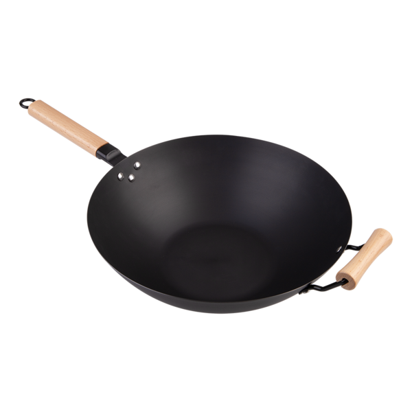 D.LINE BLACK CARBON STEEL PRE-SEASONED WOK 35.5CM DIA. W/ BEECHWOOD HANDLES