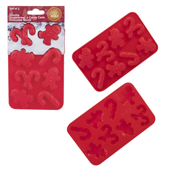 DAILY BAKE SILICONE 8 CUP GINGERBREAD & CANDY CANE CHOCOLATE MOULD SET ...