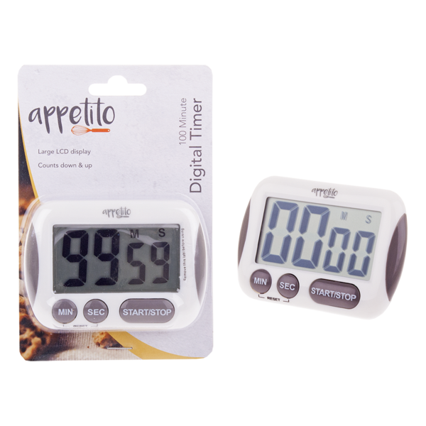 APPETITO DIGITAL TIMER W/ LARGE LCD DISPLAY - 100 MINUTES - WHITE