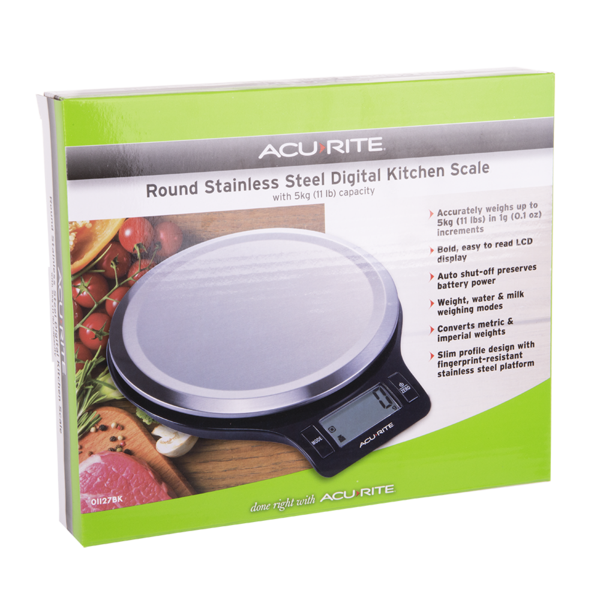 ACURITE ROUND STAINLESS STEEL DIGITAL KITCHEN SCALE 1G/5KG - BLACK