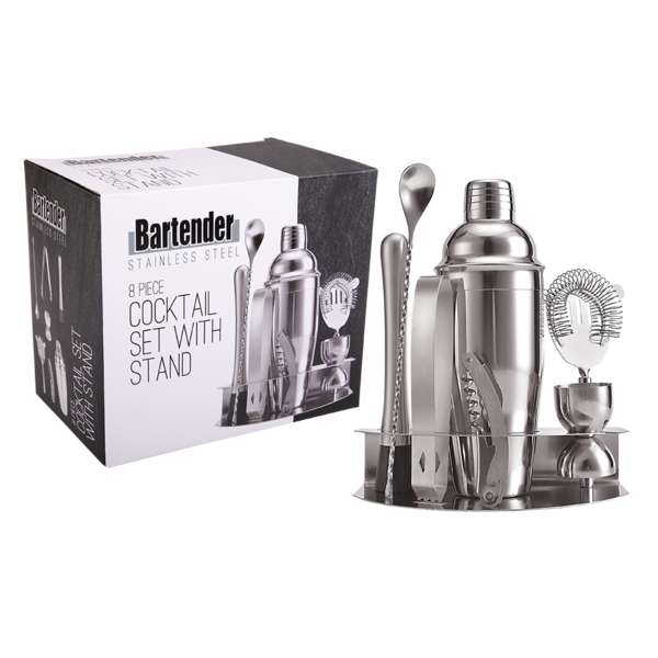 BARTENDER 8 PIECE STAINLESS STEEL COCKTAIL SET W/ STAND